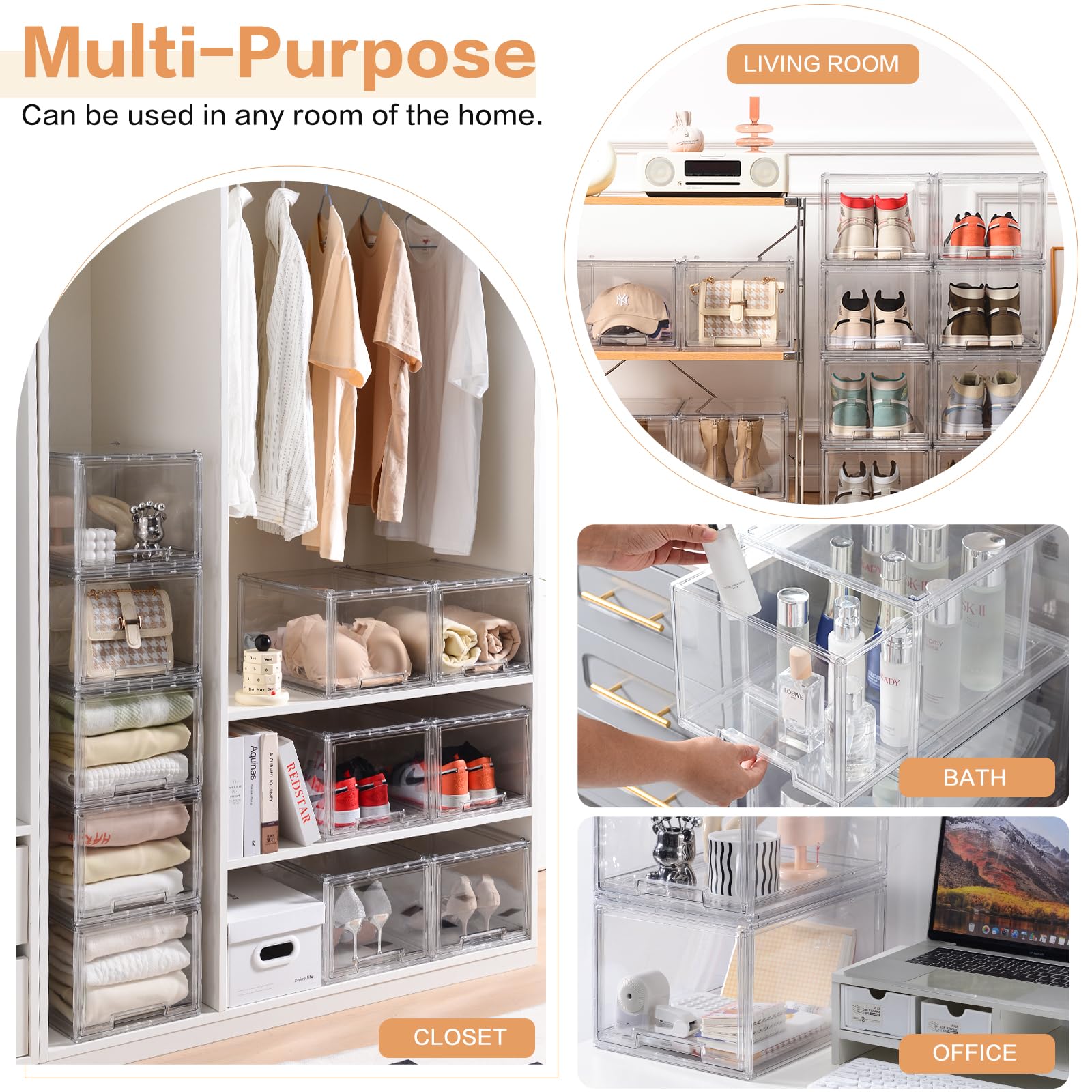 DILIBRA 2 Packs Plastic Stackable Storage Organizer Bins with Pull Out Drawer, Large Clear Acrylic Storage Drawers Container Boxes for Fridge Pantry Shelf Clost Refrigerator Organization and Storage