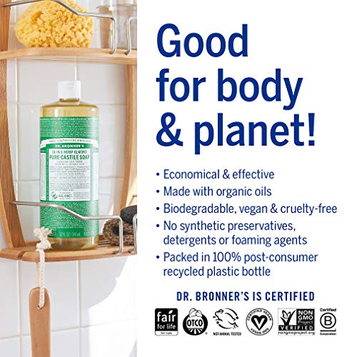 Dr. Bronner’s - Pure-Castile Liquid Soap (Almond, 16 ounce) - Made with Organic Oils, 18-in-1 Uses: Face, Body, Hair, Laundry, Pets and Dishes, Concentrated, Vegan, Non-GMO