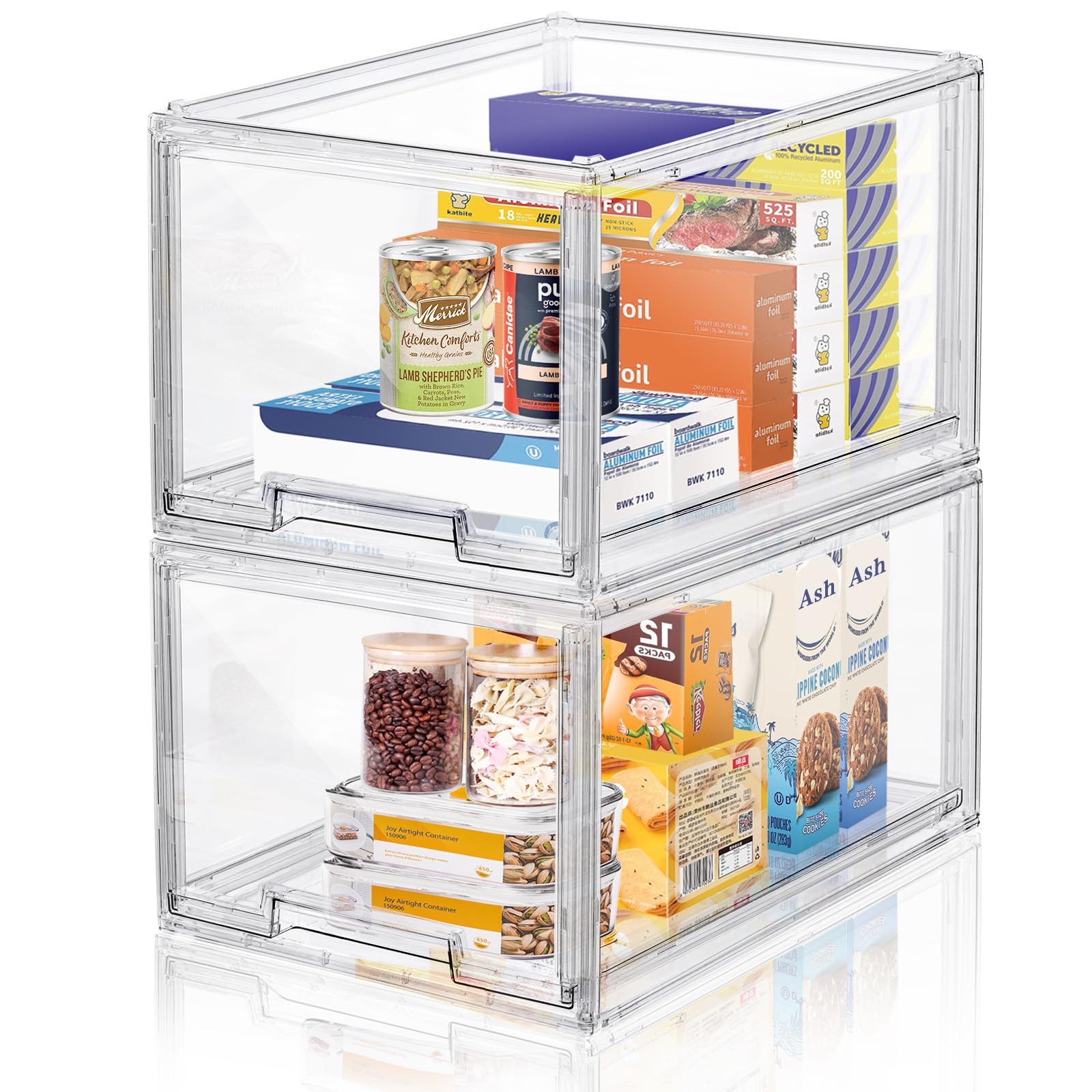 DILIBRA 2 Packs Plastic Stackable Storage Organizer Bins with Pull Out Drawer, Large Clear Acrylic Storage Drawers Container Boxes for Fridge Pantry Shelf Clost Refrigerator Organization and Storage