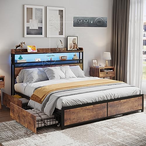 Gyfimoie Full Bed Frame with 4 Storage Drawers, LED Bed Frame with Wireless Charging & Outlets & USB & Type-C Port, Metal Platform Bed Frame with 2-Tier Storage Headboard, No Box Spring Needed(Full)