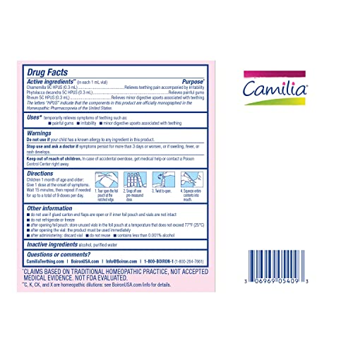 Boiron Camilia Teething Drops for Daytime and Nighttime Relief of Painful or Swollen Gums and Irritability in Babies - 30 Count