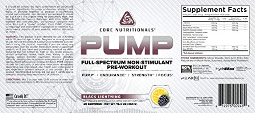 Core Nutritionals Pump Full-Spectrum Non-Stimulant Pre-Workout, with N03T® Nitrate, Peak02®, Alpha GPC, for Maximum Pump, Strength, and Performance 20 Servings (Black Lightning)