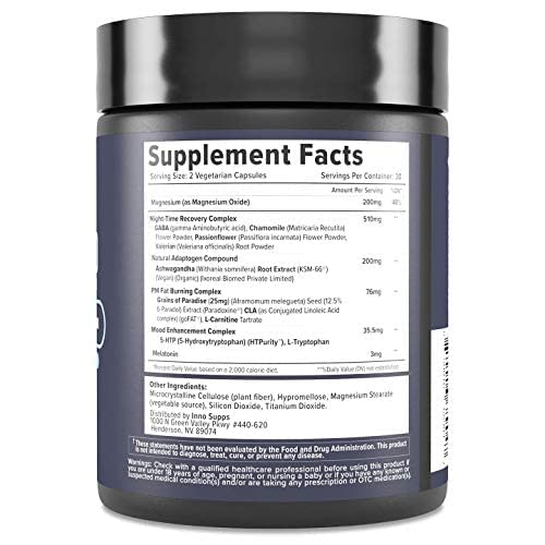 InnoSupps Night Shred | Night Time Fat Burner and Natural Sleep Support | Ashwaganda, 5-HTP, CLA, Melatonin | Appetite Suppressant | Weight Loss Support (60 Vegetarian Capsules)
