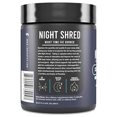 InnoSupps Night Shred | Night Time Fat Burner and Natural Sleep Support | Ashwaganda, 5-HTP, CLA, Melatonin | Appetite Suppressant | Weight Loss Support (60 Vegetarian Capsules)