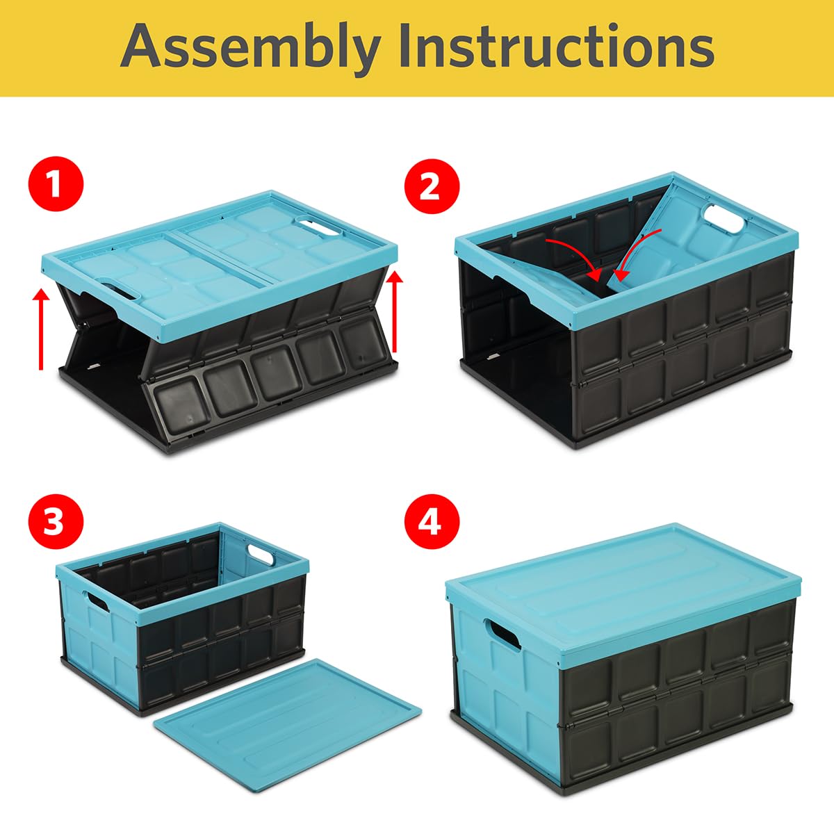 Glad Collapsible Storage Bin with Lid - 48L Foldable Plastic Box for Garage, Car Trunk, and Organization - Stackable Lidded Container with Handles, Turquoise