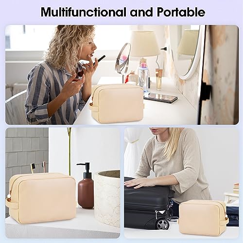 Wandering Nature Large Makeup Bag Travel Cosmetic Organizer Toiletry Bags for Women with Handle and Slip-in Pockets Vegan Leather
