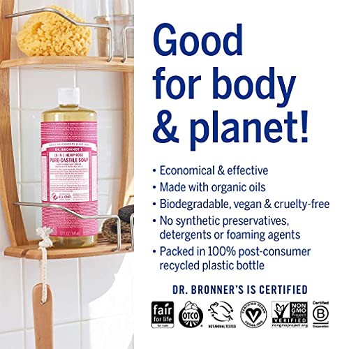 Dr. Bronner’s - Pure-Castile Liquid Soap (Rose, 32 ounce) - Made with Organic Oils, 18-in-1 Uses: Face, Body, Hair, Laundry, Pets and Dishes, Concentrated, Vegan, Non-GMO