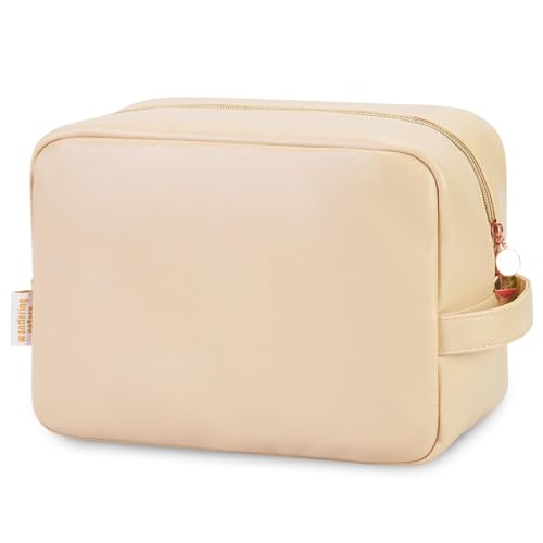 Wandering Nature Large Makeup Bag Travel Cosmetic Organizer Toiletry Bags for Women with Handle and Slip-in Pockets Vegan Leather