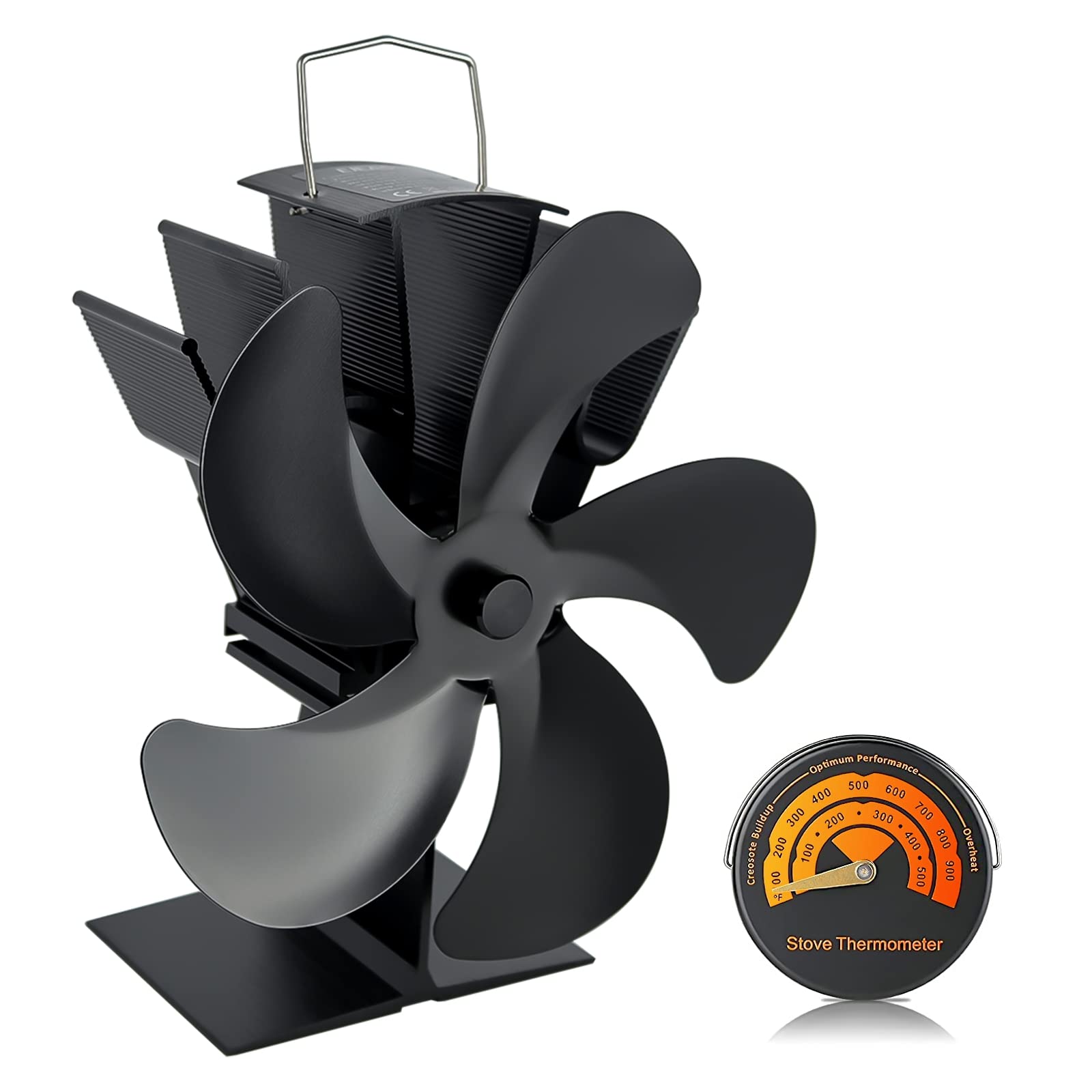 BINE Wood Stove Fan Heat Powered, 5 Blades Non Electric Fireplace Fans, Circulating Warm Air Saving Fuel Efficiently, Silent Fireplace Fans with Thermometer, for Log Burner/Wood/Pellet Stove