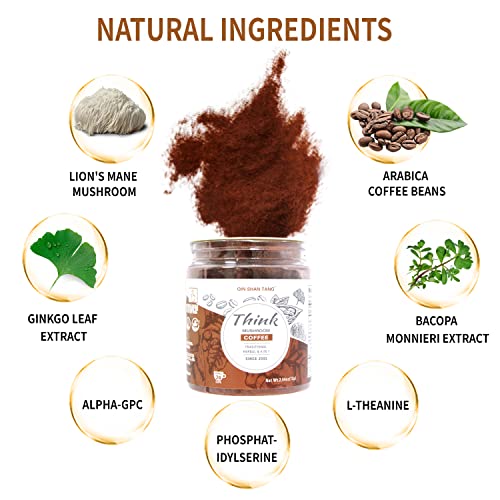 Instant Mushroom Coffee Mix, with Lion’s Mane Mushroom (30% Beta-glucans), Ginkgo, Alpha-GPC, Bacopa, PS, L-Theanine, Medium Roast Arabica Coffee Powder - 24 Servings