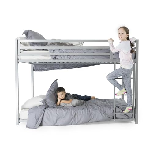 DHP Miles Low Metal Bunk Bed Frame for Kids, With Built-in Ladder, High Guardrail and Metal Slats, Floor Bed Bottom Bunk, No Boxspring Required, For Small Spaces, Full-Over-Full, Blue