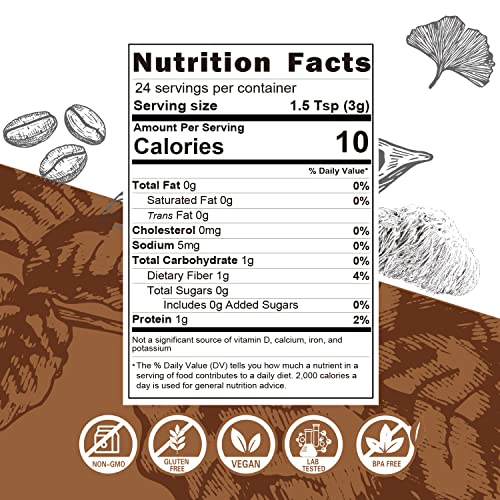 Instant Mushroom Coffee Mix, with Lion’s Mane Mushroom (30% Beta-glucans), Ginkgo, Alpha-GPC, Bacopa, PS, L-Theanine, Medium Roast Arabica Coffee Powder - 24 Servings