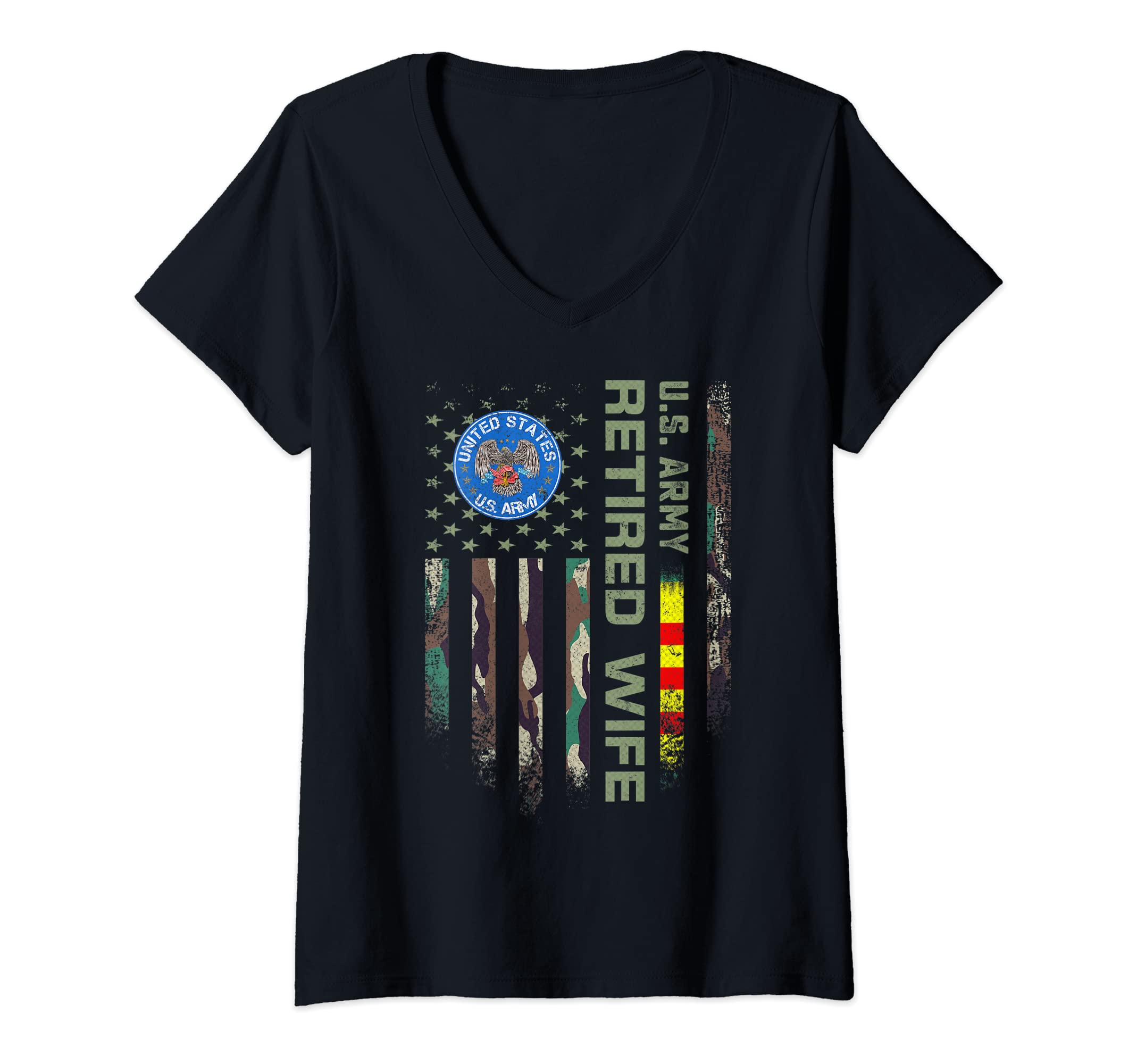 Womens Vintage USA Camo Flag US Army Vietnam Veteran Retired Wife V-Neck T-Shirt