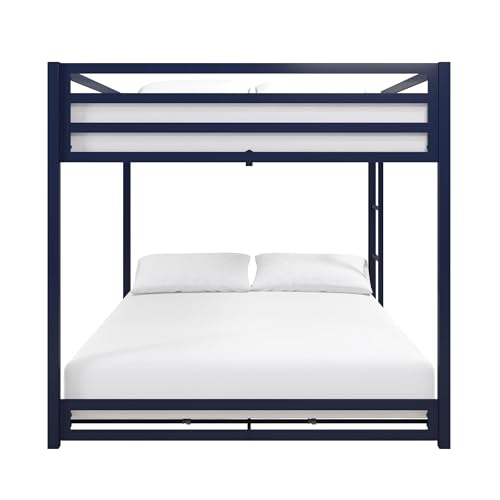 DHP Miles Low Metal Bunk Bed Frame for Kids, With Built-in Ladder, High Guardrail and Metal Slats, Floor Bed Bottom Bunk, No Boxspring Required, For Small Spaces, Full-Over-Full, Blue