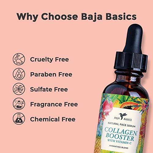Collagen Boosting Facial Serum by Baja Basics 100% Natural Skincare, Clean Beauty, Anti Aging, Vitamin C, Deep Hydration for Dry Skin, Antioxidants, Collagen Building, Face Moisturizer 1oz