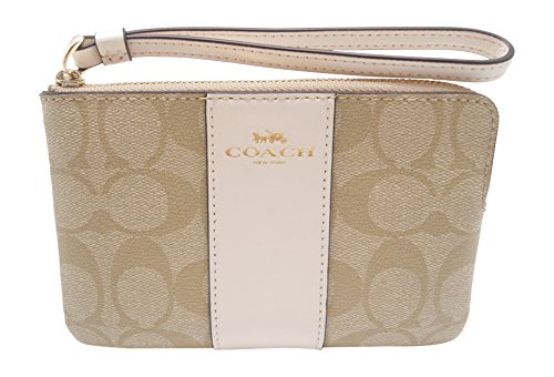 Coach Signature PVC Leather Corner Zip Wristlet, Light Khaki, Chalk