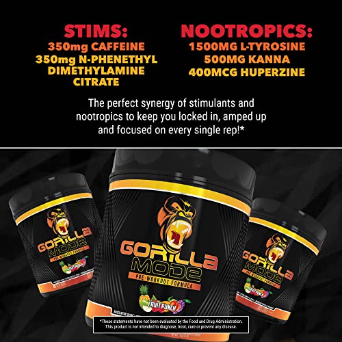 Gorilla Mode Pre Workout - Massive Pumps · Laser Focus · Energy · Power - L-Citrulline, Creatine, GlycerPump™, L-Tyrosine, Agmatine, Kanna, N-Phenethyl Dimethylamine Citrate - 574 Grams (Lemonade)