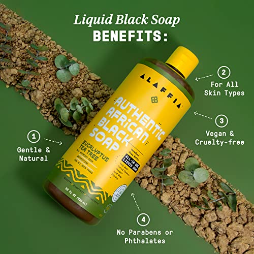 Alaffia Skin Care, Authentic African Black Soap, All in One Liquid Soap, Acne Face Wash, Moisturizing Body Wash, Shampoo, Shaving Soap, Shea Butter, Eucalyptus Tea Tree , 32 Fl Oz