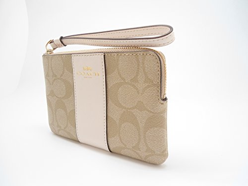 Coach Signature PVC Leather Corner Zip Wristlet, Light Khaki, Chalk