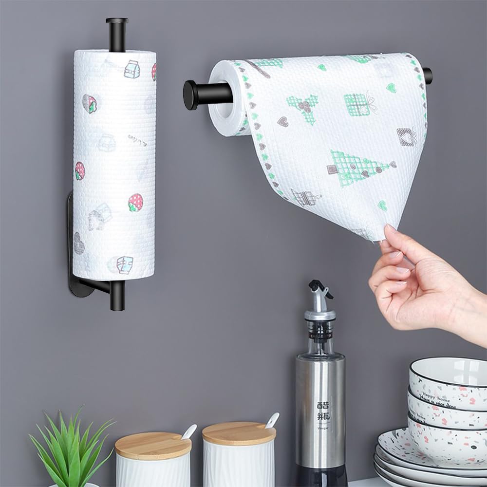 MGahyi Paper Towel Holder Wall Mount, Self Adhesive Or Drilling Under Cabinet Kitchen, 13.2 inch Stainless Steel Paper Towel Roll Rack, Towel Roll Hanger for Bathroom(Rectangle-Black)