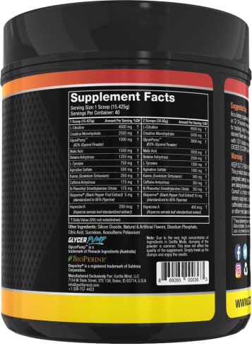 Gorilla Mode Pre Workout - Massive Pumps · Laser Focus · Energy · Power - L-Citrulline, Creatine, GlycerPump™, L-Tyrosine, Agmatine, Kanna, N-Phenethyl Dimethylamine Citrate - 574 Grams (Lemonade)