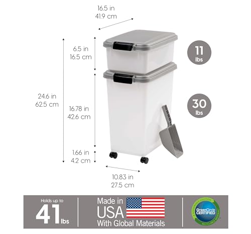 IRIS USA Dog Food Storage Container, 30 lbs & 11 lbs Combo, Cat Food Storage Container, Dog Treat Container, Airtight, Stackable, 2-Cup Scoop, Wheels, Easy Mobility, Chrome