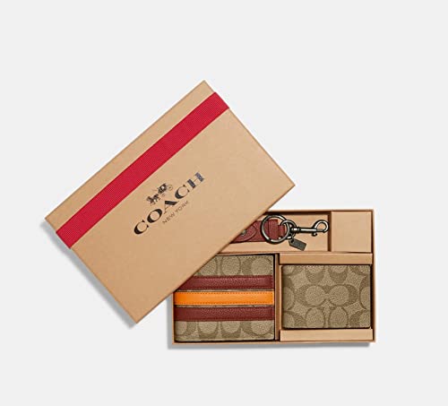 Coach Men's Boxed 3 In 1 Wallet Gift Sets (Varsity Stripe - Khaki - Terracotta Multi)