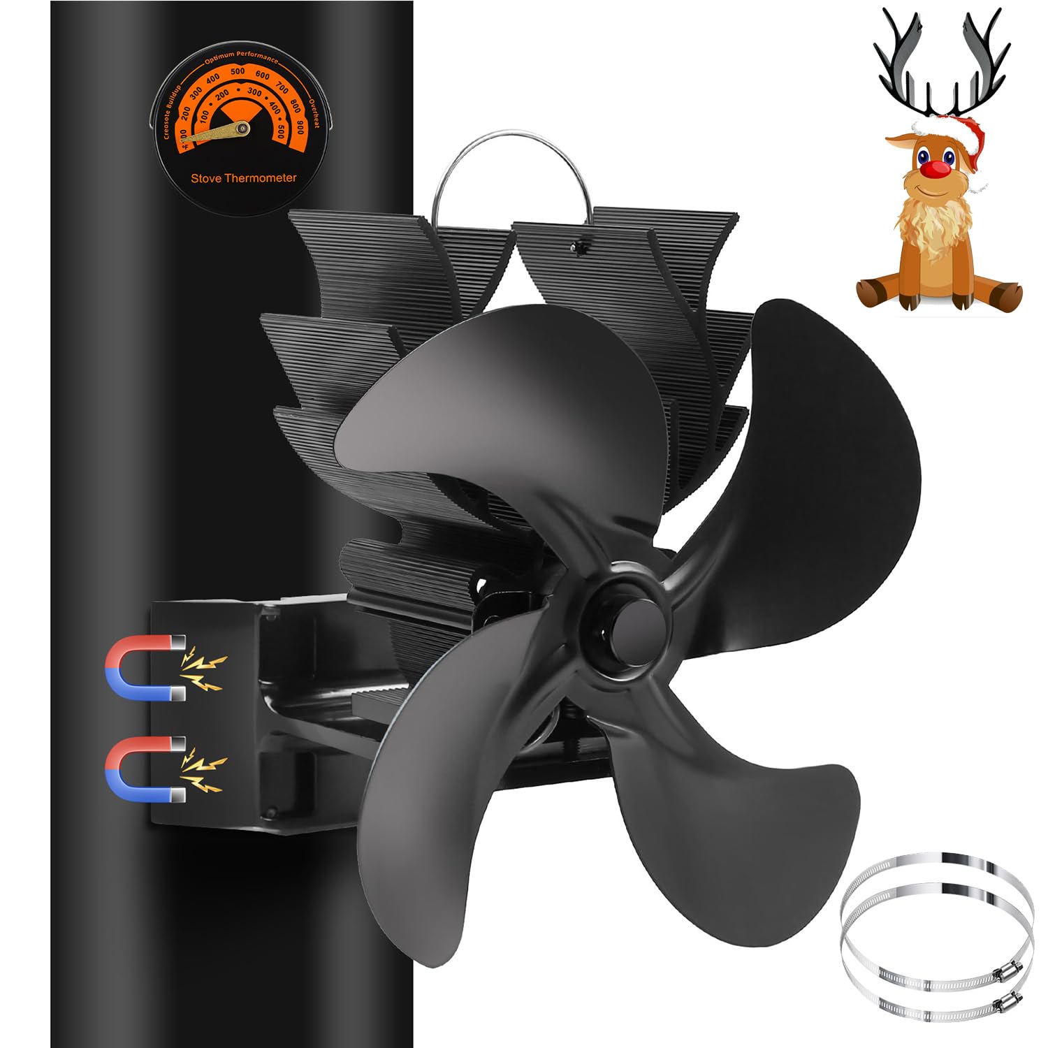 DTNESS Magnetic 4 Blades Heat Powered Stove Fan, Wood Stove Fan with Thermometer and Adjustable Clip, Silent Chimney Fireplace Fan, Hanging Log Burner Stove Fan
