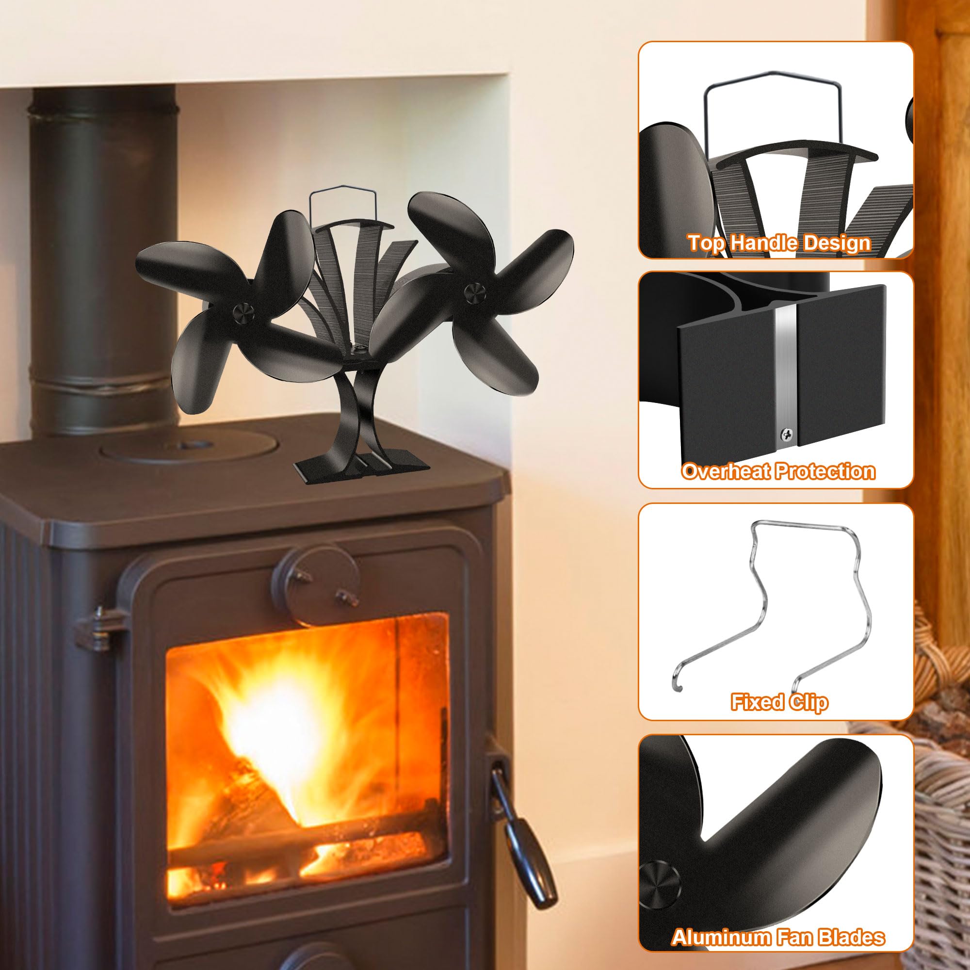 foedo Wood Stove Fan,Heat Powered Stove Fan for Heater/Wood/Pellet/Fireplace, Upgrade Dual Motors 8-Blade, Efficiently Circulate Warm Air(compatible with for Mr Buddy heaters)