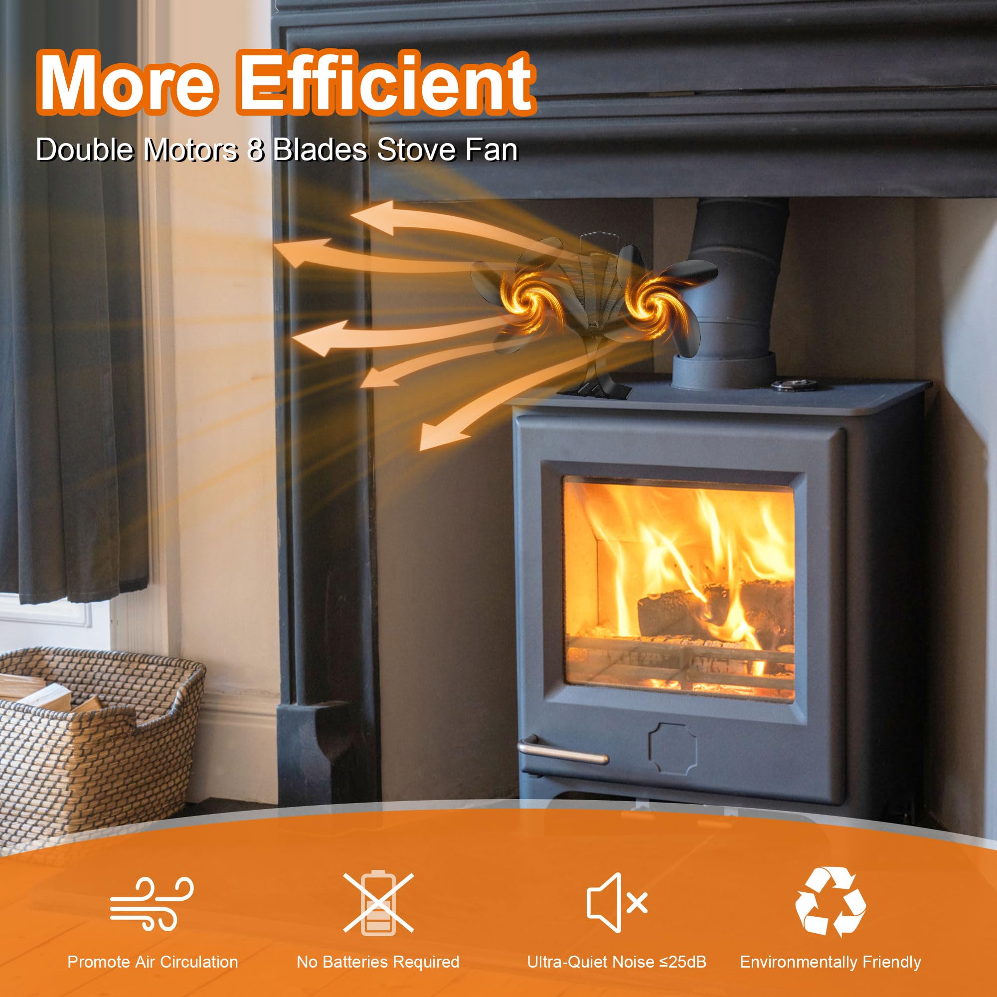 foedo Wood Stove Fan,Heat Powered Stove Fan for Heater/Wood/Pellet/Fireplace, Upgrade Dual Motors 8-Blade, Efficiently Circulate Warm Air(compatible with for Mr Buddy heaters)