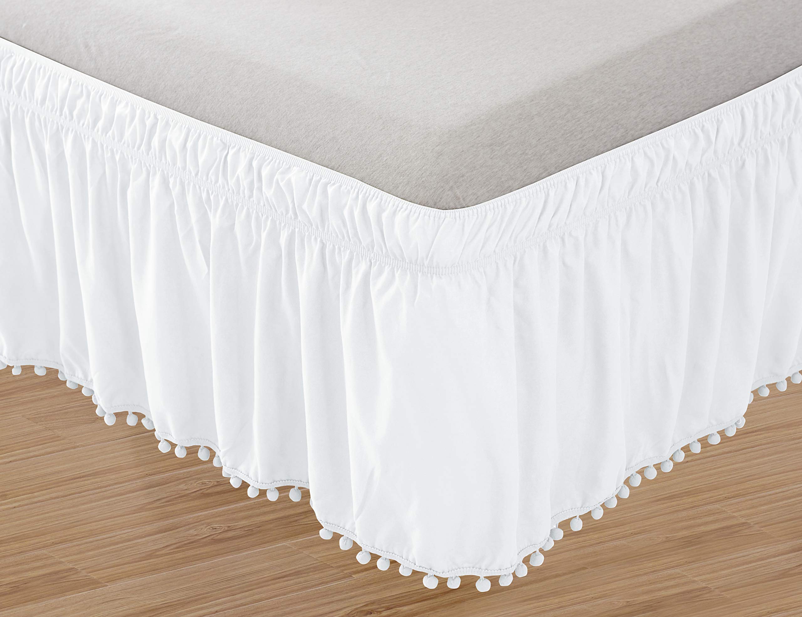 Elegant Comfort Top-Knot Tassle Pompom Fringe Ruffle Skirt Around Style Elastic Bed Wrap- Wrinkle Resistant 16 inch Drop, Twin/Full, White