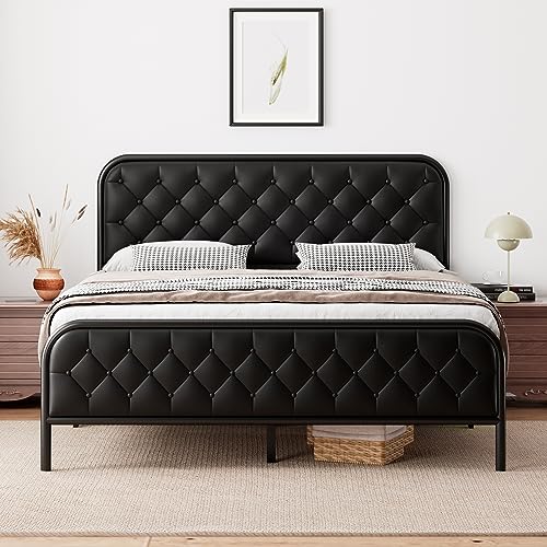 iPormis Upholstered Full Platform Bed Frame, Heavy Duty Mattress Foundation, 12" Under Bed Space, Metal Slats Support, Button Faux Leather Headboard, Easy Assembly, Noise Free, Black