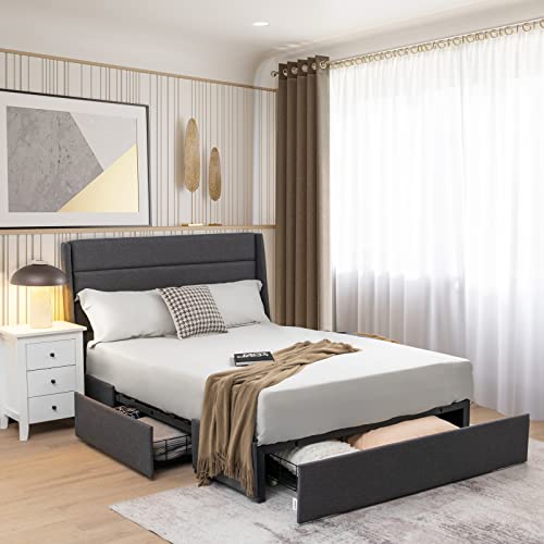 Giantex Bed Frame with 3 Drawers, Heavy Duty Full Size Platform Bed with Wooden Slats, Mattress Foundation with Sturdy Frame, No Box Spring Needed, Dark Grey, Headboard Not Included