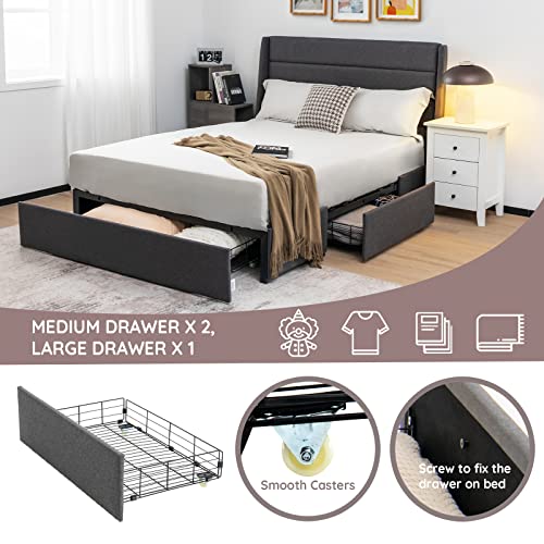 Giantex Bed Frame with 3 Drawers, Heavy Duty Full Size Platform Bed with Wooden Slats, Mattress Foundation with Sturdy Frame, No Box Spring Needed, Dark Grey, Headboard Not Included