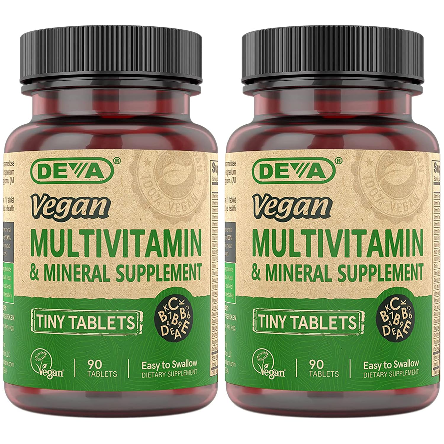 DEVA Tiny Tablets Vegan Multivitamins for Women & Men, Multivitamin with Iron, Mineral Supplement, Vitamin C, Vitamin B Complex, Vitamin B12, Vitamin E, Zinc, Gluten Free, 90 Tablets (Pack of 2)
