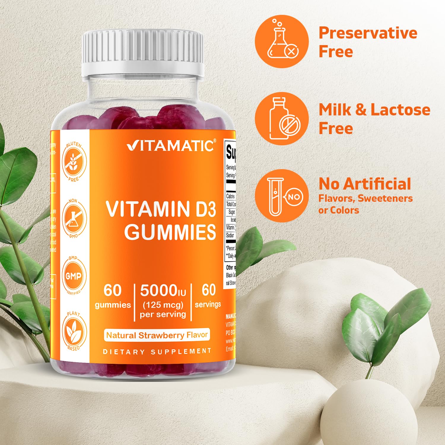 Vitamatic Vitamin D3 Gummies - 5000 IU Per Gummy - 60 Gummies - Great Taste - Healthy Bones, Teeth, Mood, Joint & Immune System Function