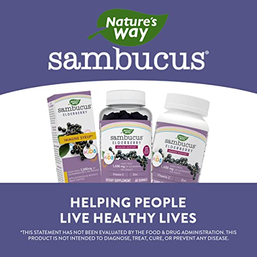 Nature’s Way Sambucus Elderberry Gummies for Kids, Immune Support Gummies*, with Vitamin C and Zinc, Delicious Berry Flavor, 60 Gummies