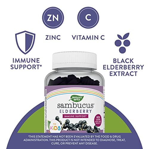 Nature’s Way Sambucus Elderberry Gummies for Kids, Immune Support Gummies*, with Vitamin C and Zinc, Delicious Berry Flavor, 60 Gummies