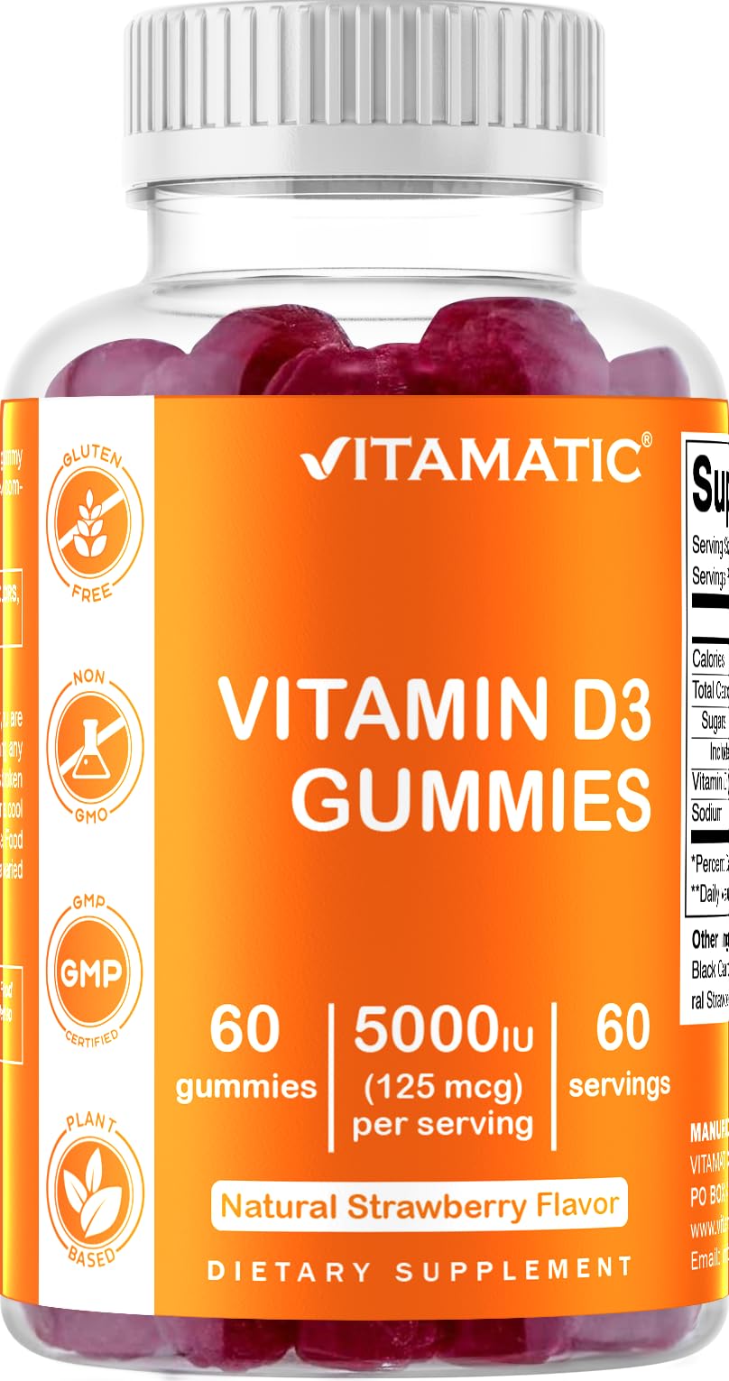 Vitamatic Vitamin D3 Gummies - 5000 IU Per Gummy - 60 Gummies - Great Taste - Healthy Bones, Teeth, Mood, Joint & Immune System Function