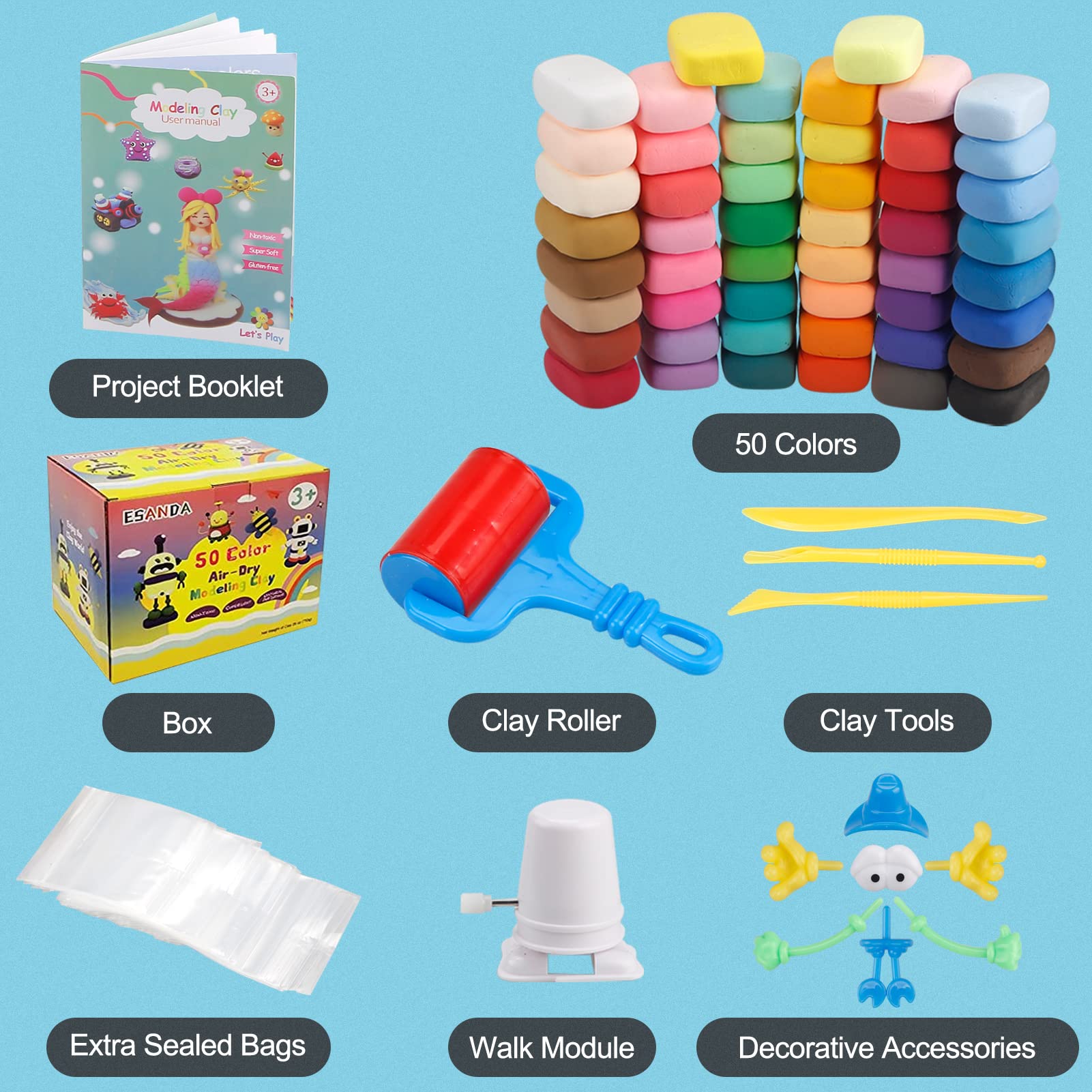 Modeling Clay Kit - 50 Colors Soft & Ultra Light Air Dry Magic Clay with Sculpting Tools, Safe & Non-Toxic, Great Gift for Kids.