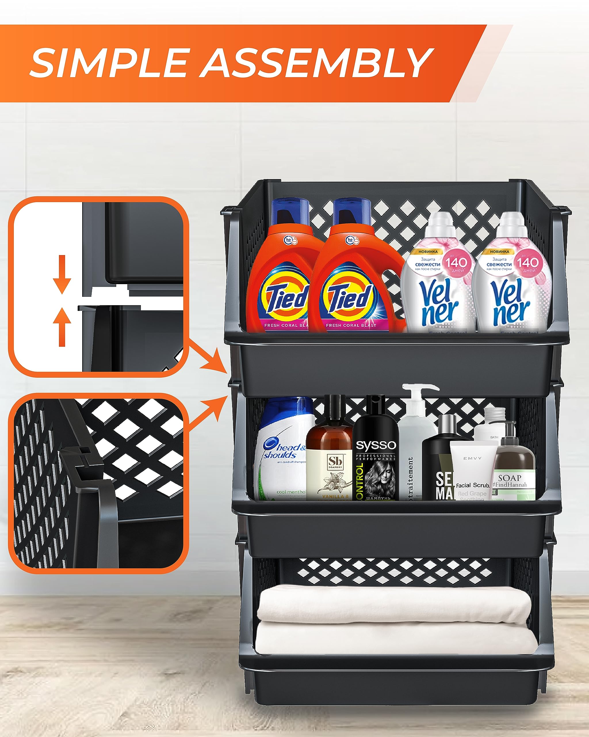 Skywin TidyFriend Large Plastic Stackable Storage Bins for Pantry Black - 3-Pack, Large Stackable Bins For Organizing Food, Kitchen, and Bathroom Essentials (Rhombus)