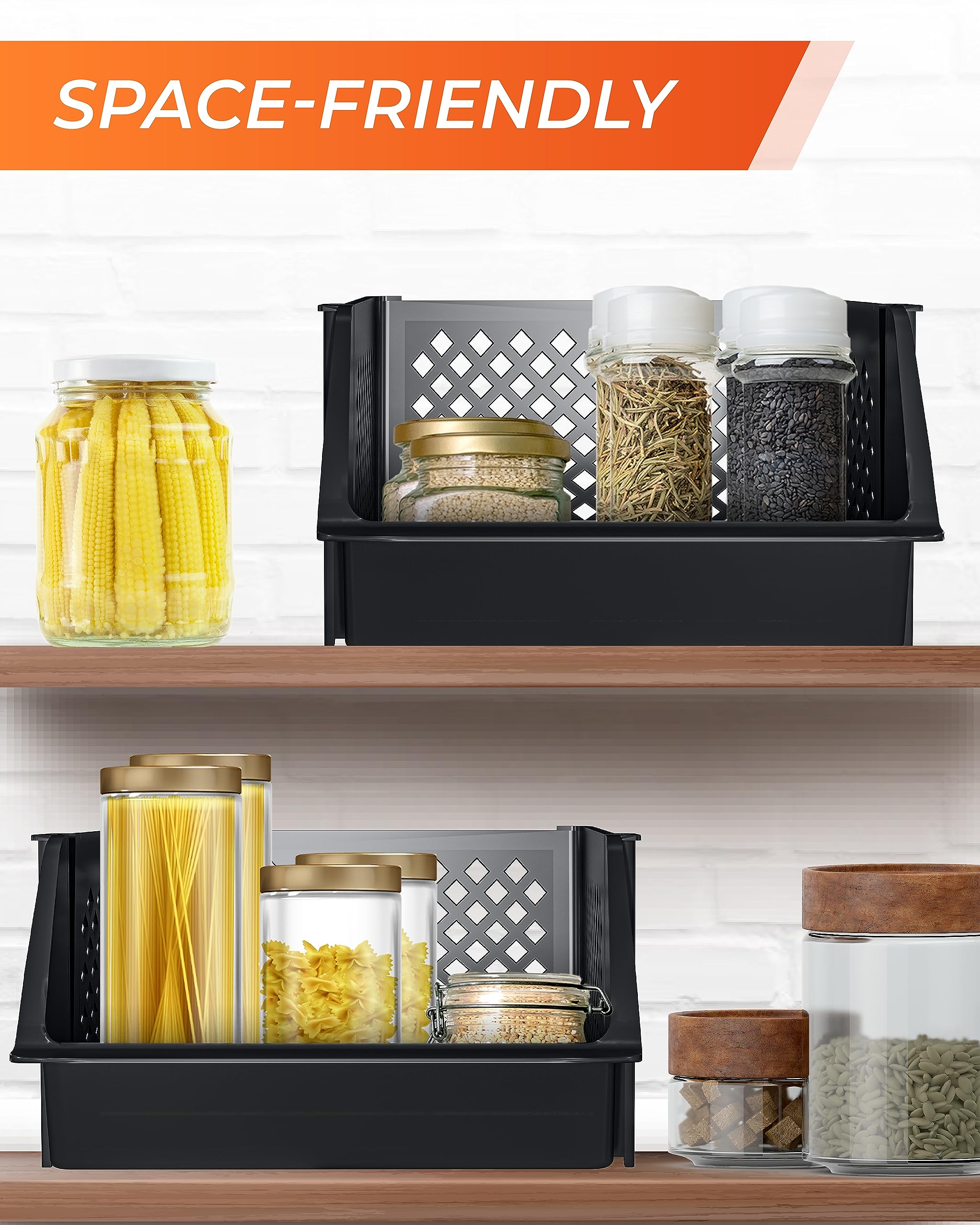 Skywin TidyFriend Large Plastic Stackable Storage Bins for Pantry Black - 3-Pack, Large Stackable Bins For Organizing Food, Kitchen, and Bathroom Essentials (Rhombus)