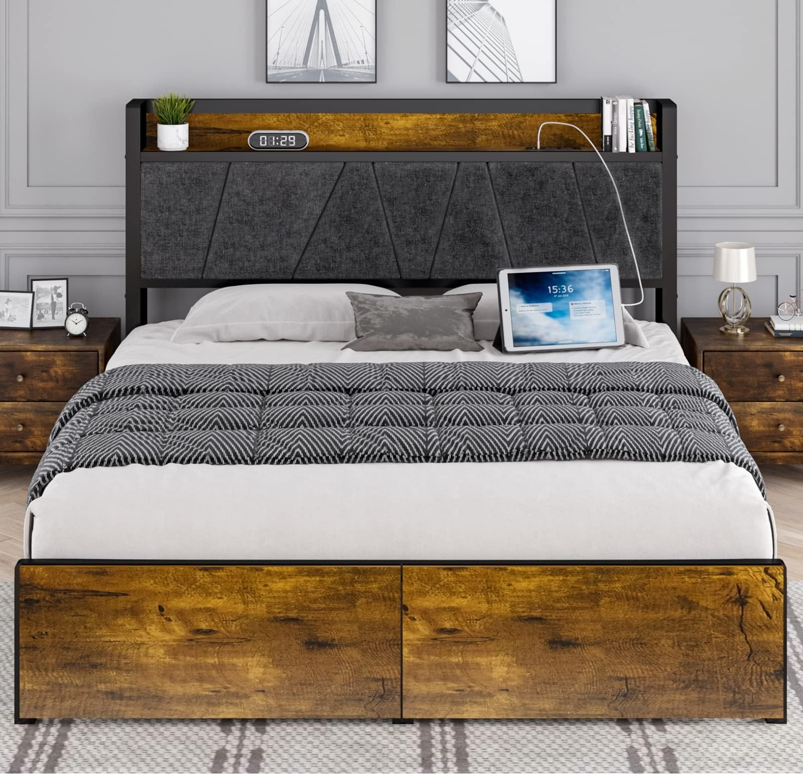 Catrimown Full Size Bed Frame with Charging Station and Storage Headboard, Platform Bed Frame Full Size with Storage Drawers, No Box Spring Needed/Strong Slat Support/Easy Assembly, Rustic Brown