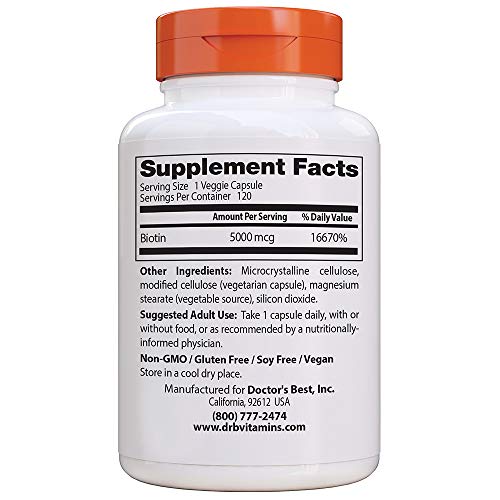 Doctor's Best Biotin Supports Hair, Skin, Nails, Boost Energy, Nervous System, Non-GMO, Vegan, Gluten Free, 120 Count