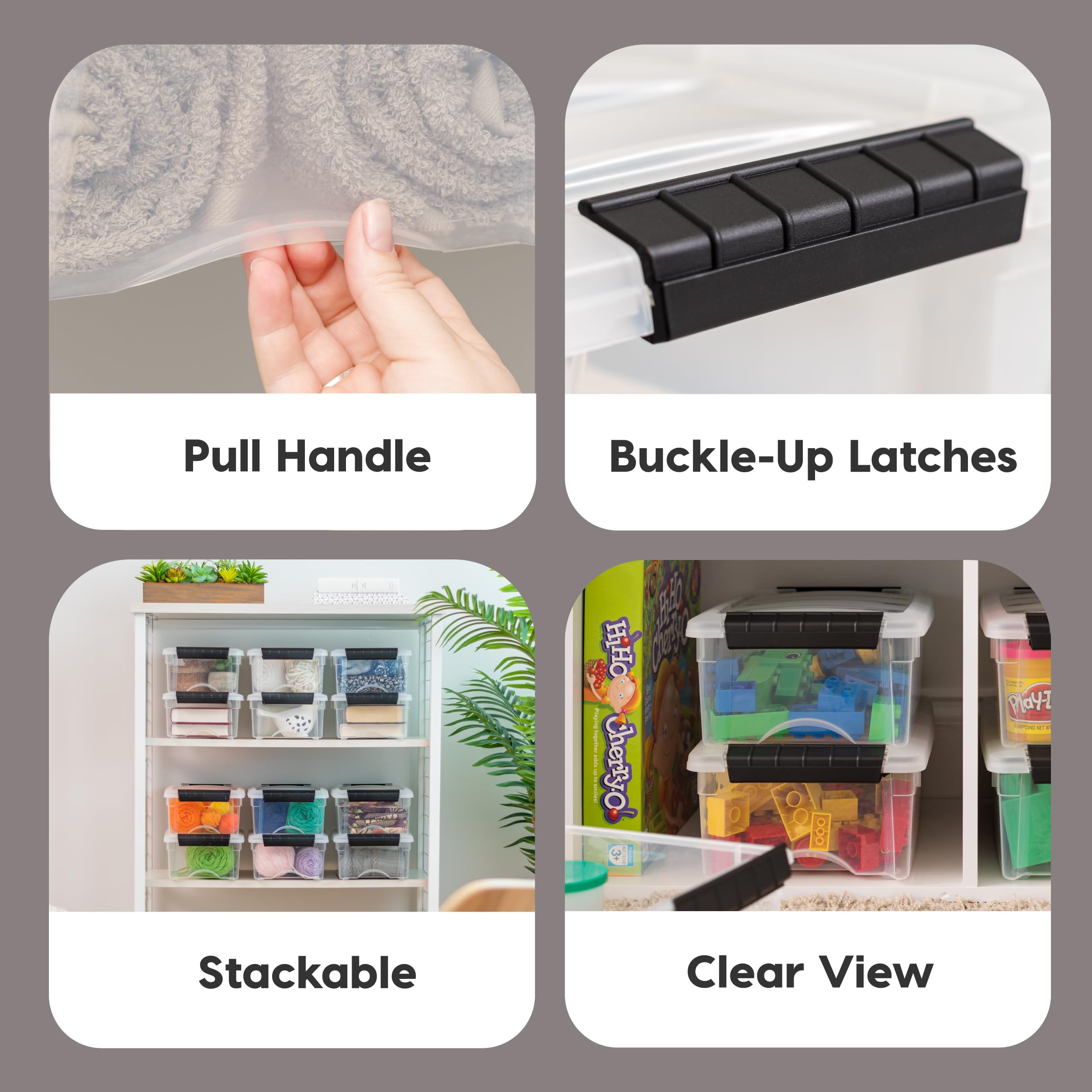 IRIS USA 6 Qt Stackable Plastic Storage Bins with Lids, 10 Pack - BPA-Free, Made in USA - See-Through Organizing Solution, Latches, Durable Nestable Containers, Secure Pull Handle - Clear/Black