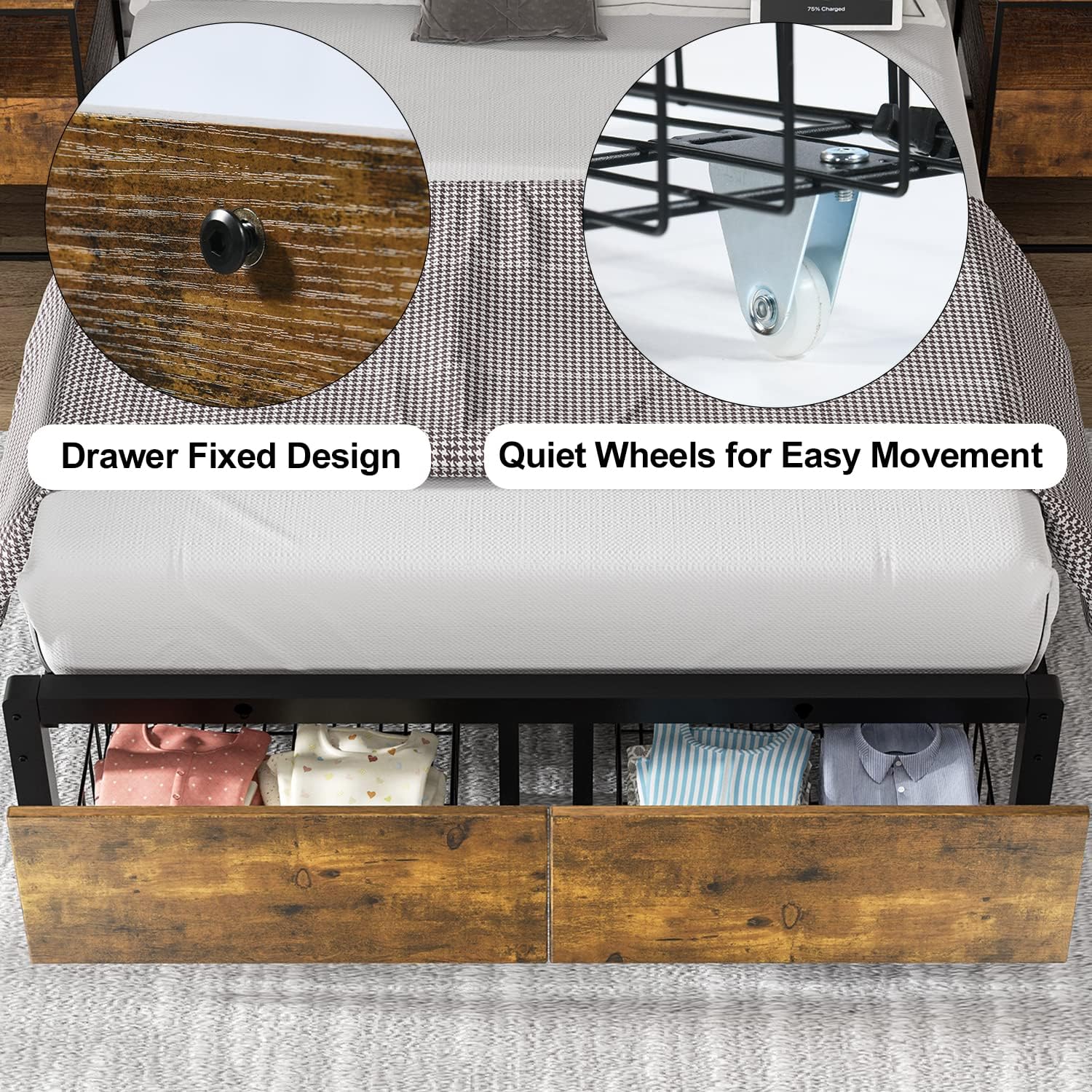 Catrimown Full Size Bed Frame with Charging Station and Storage Headboard, Platform Bed Frame Full Size with Storage Drawers, No Box Spring Needed/Strong Slat Support/Easy Assembly, Rustic Brown