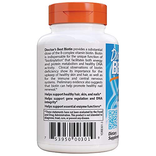 Doctor's Best Biotin Supports Hair, Skin, Nails, Boost Energy, Nervous System, Non-GMO, Vegan, Gluten Free, 120 Count