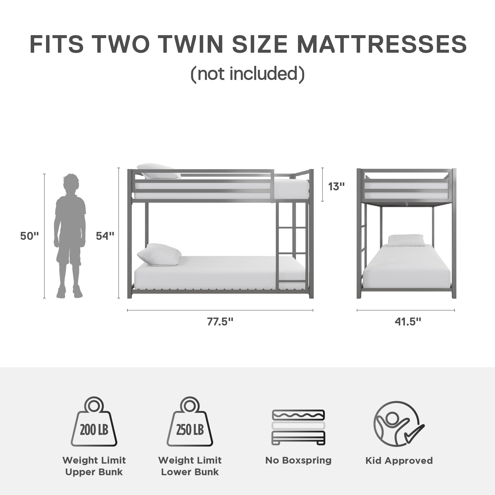 DHP Miles Metal Bunk Bed, Silver, Twin over Twin