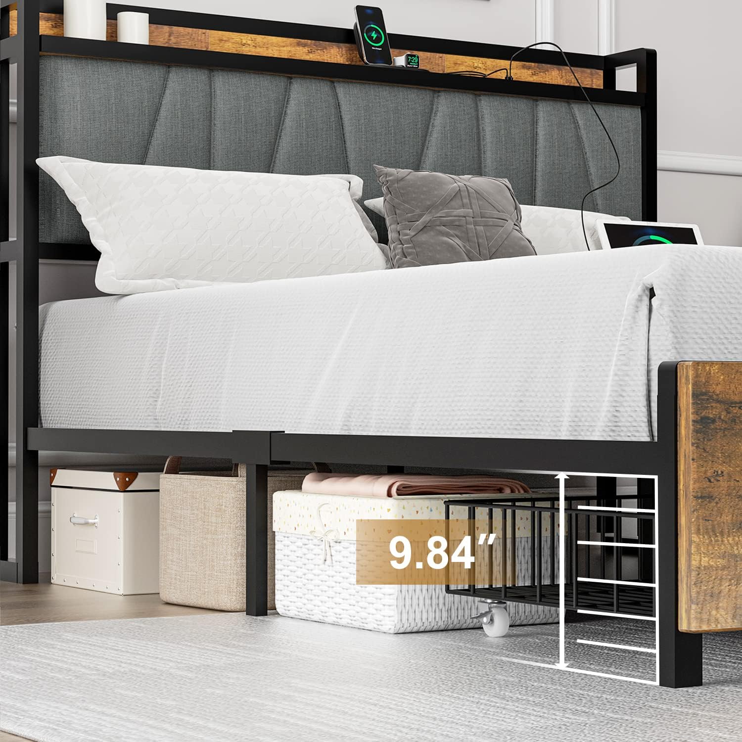 Catrimown Full Size Bed Frame with Charging Station and Storage Headboard, Platform Bed Frame Full Size with Storage Drawers, No Box Spring Needed/Strong Slat Support/Easy Assembly, Rustic Brown