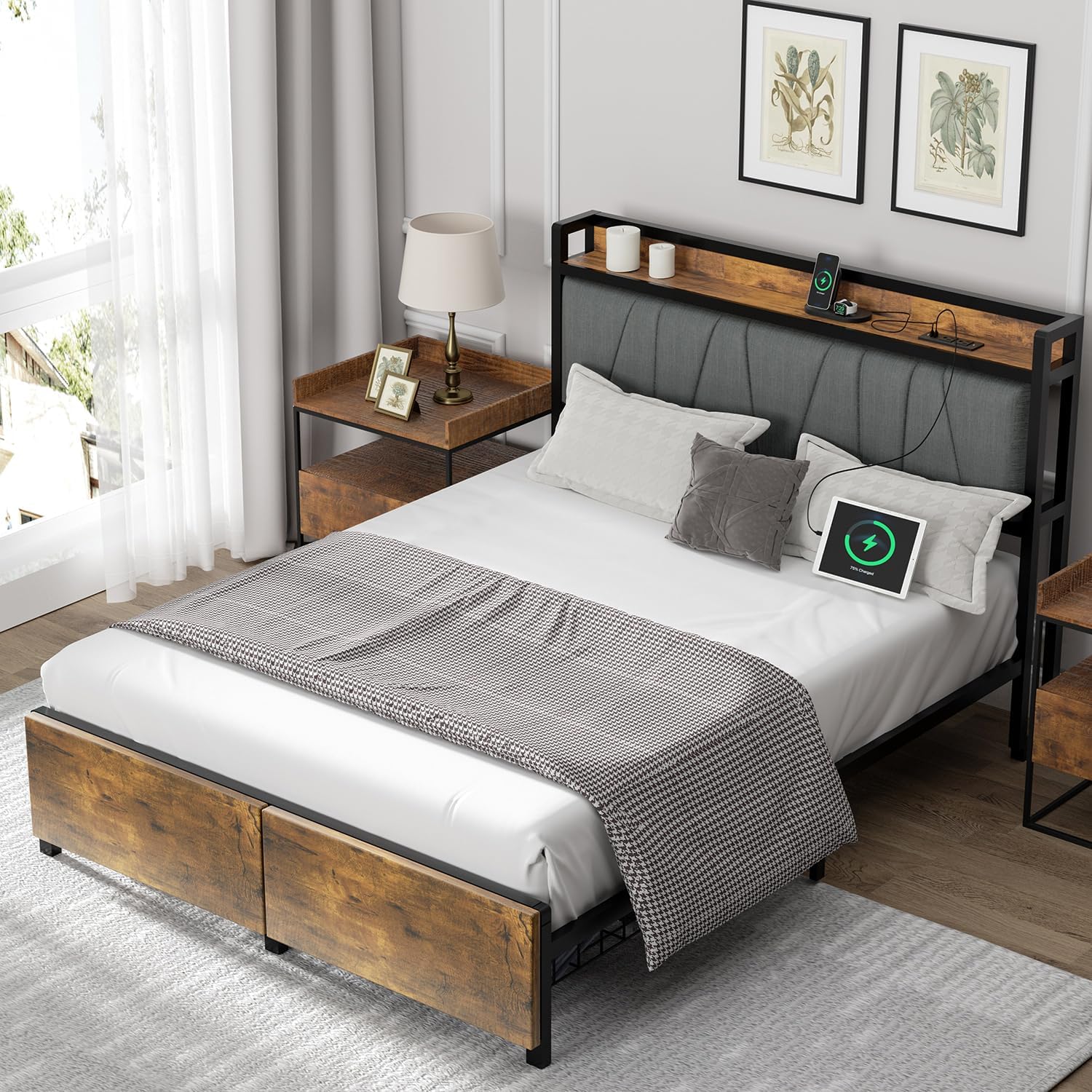 Catrimown Full Size Bed Frame with Charging Station and Storage Headboard, Platform Bed Frame Full Size with Storage Drawers, No Box Spring Needed/Strong Slat Support/Easy Assembly, Rustic Brown